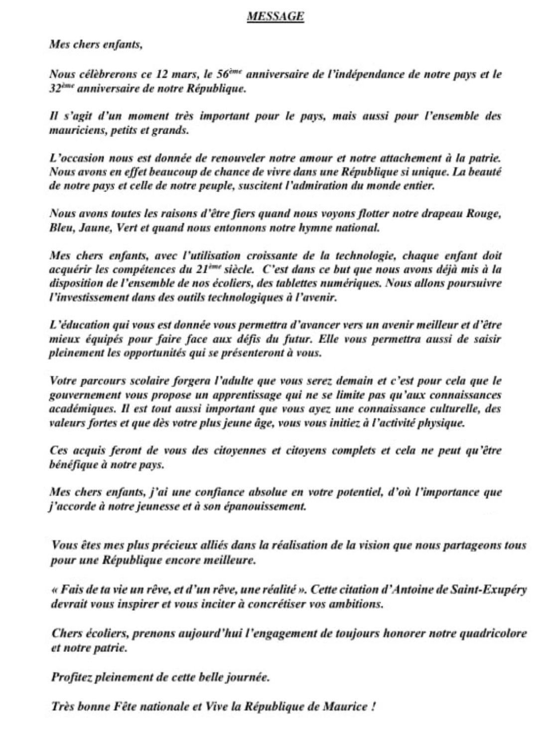 Fête Nationale Le Message Du Pm Aux élèves Defimedia